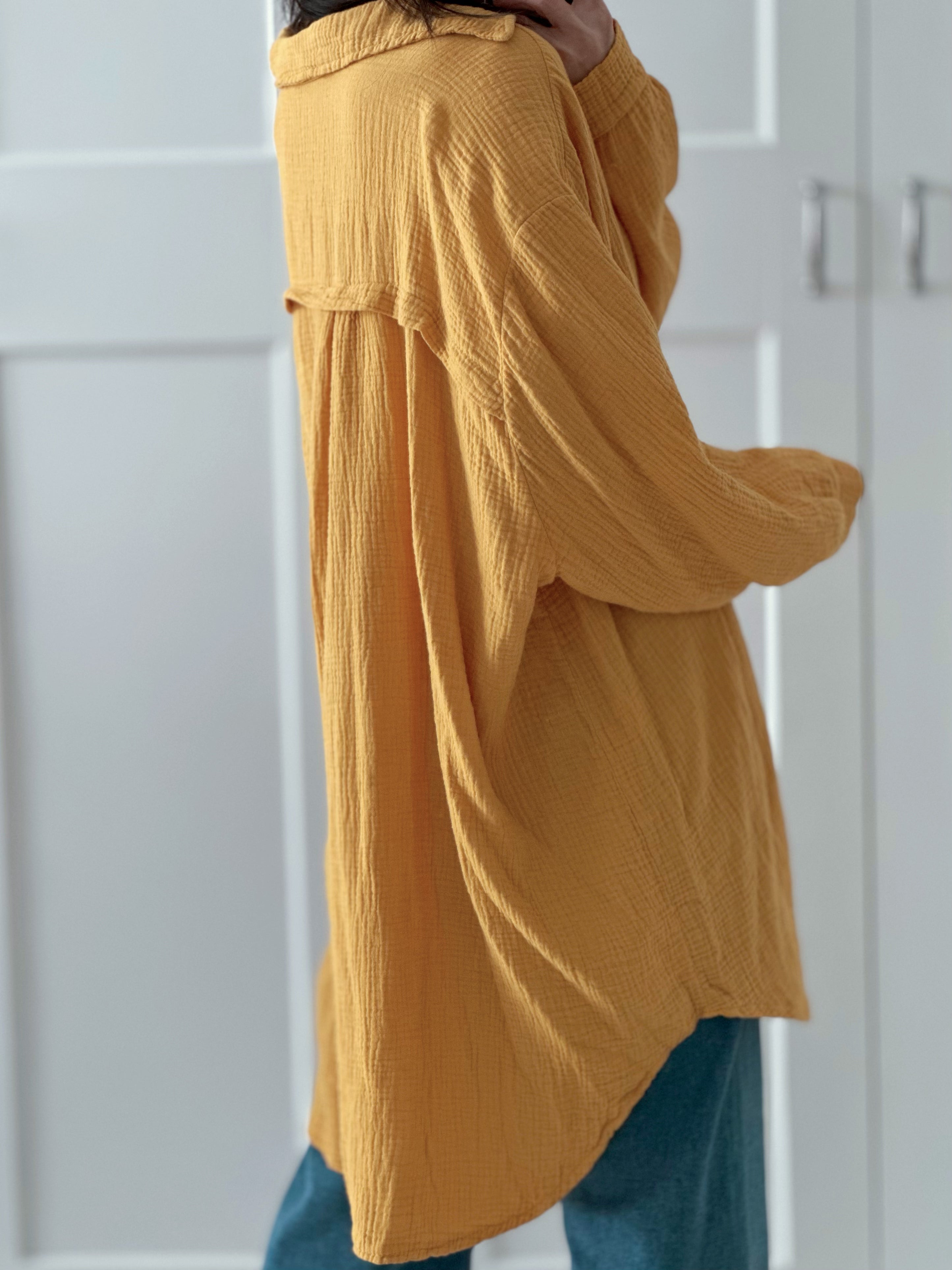Musselin Bluse, long oversize, Senf – sismeer