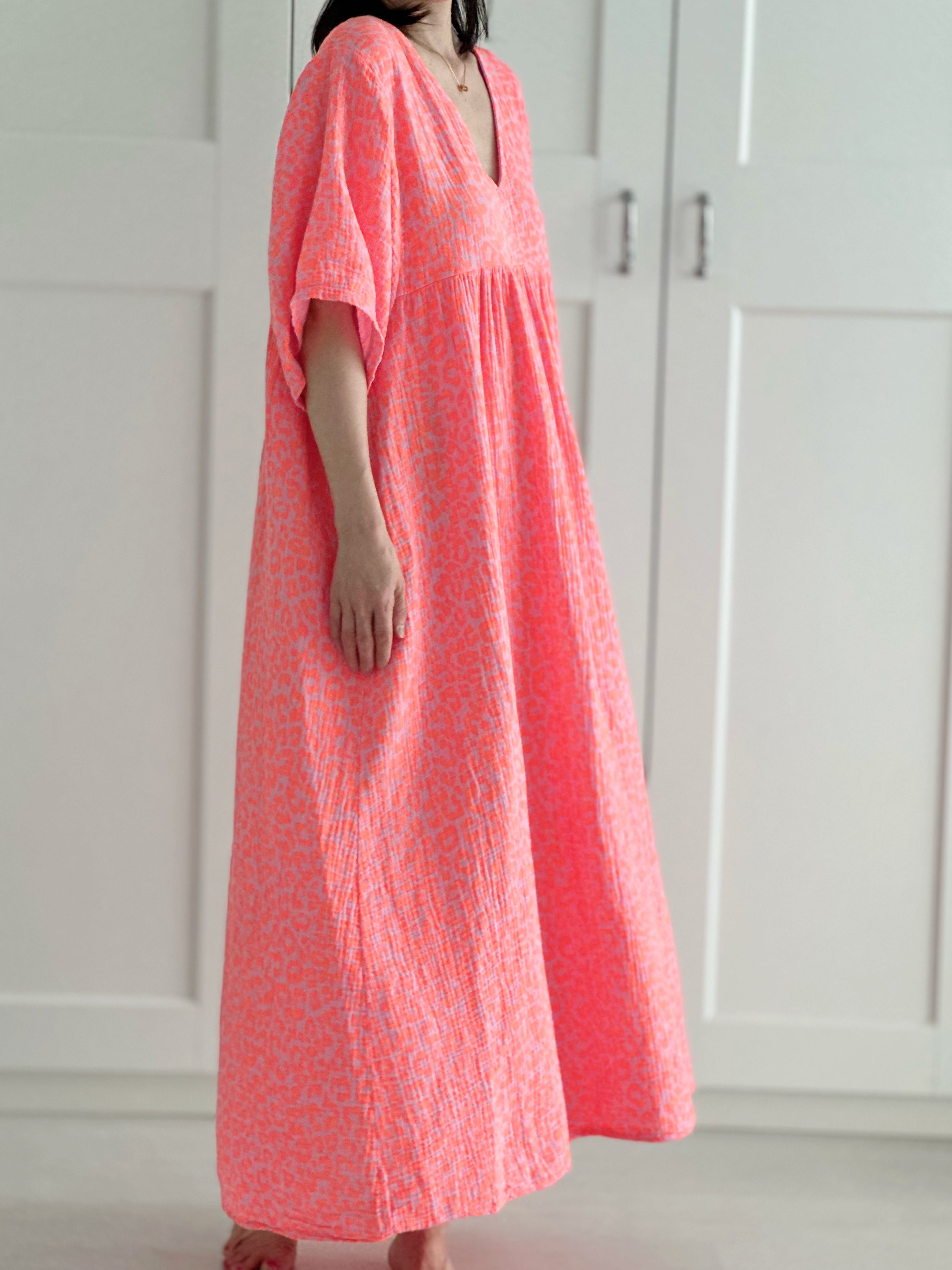 Musselin Kleid, Kurzarm, Neon-Leo, Orange – sismeer