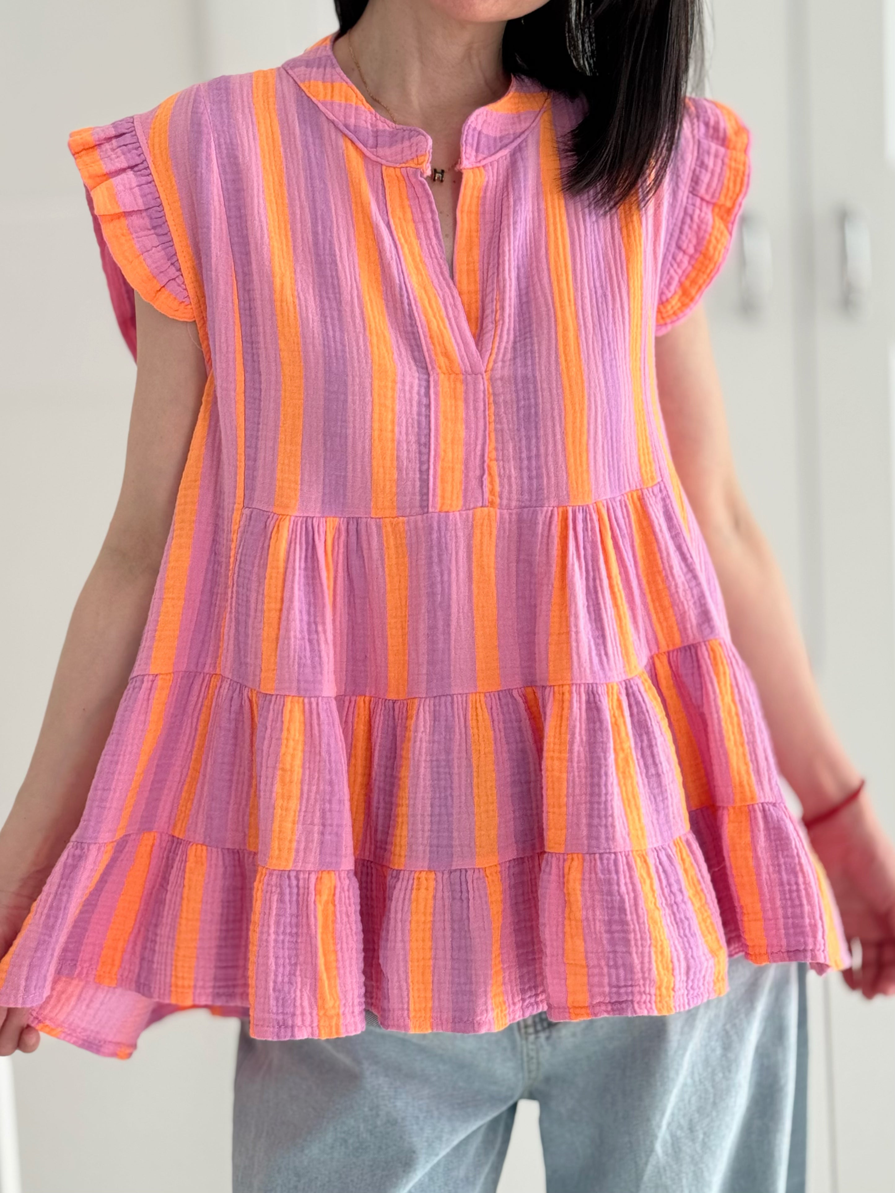 Musselin Top, bunte Streifen, 2 Farben – sismeer