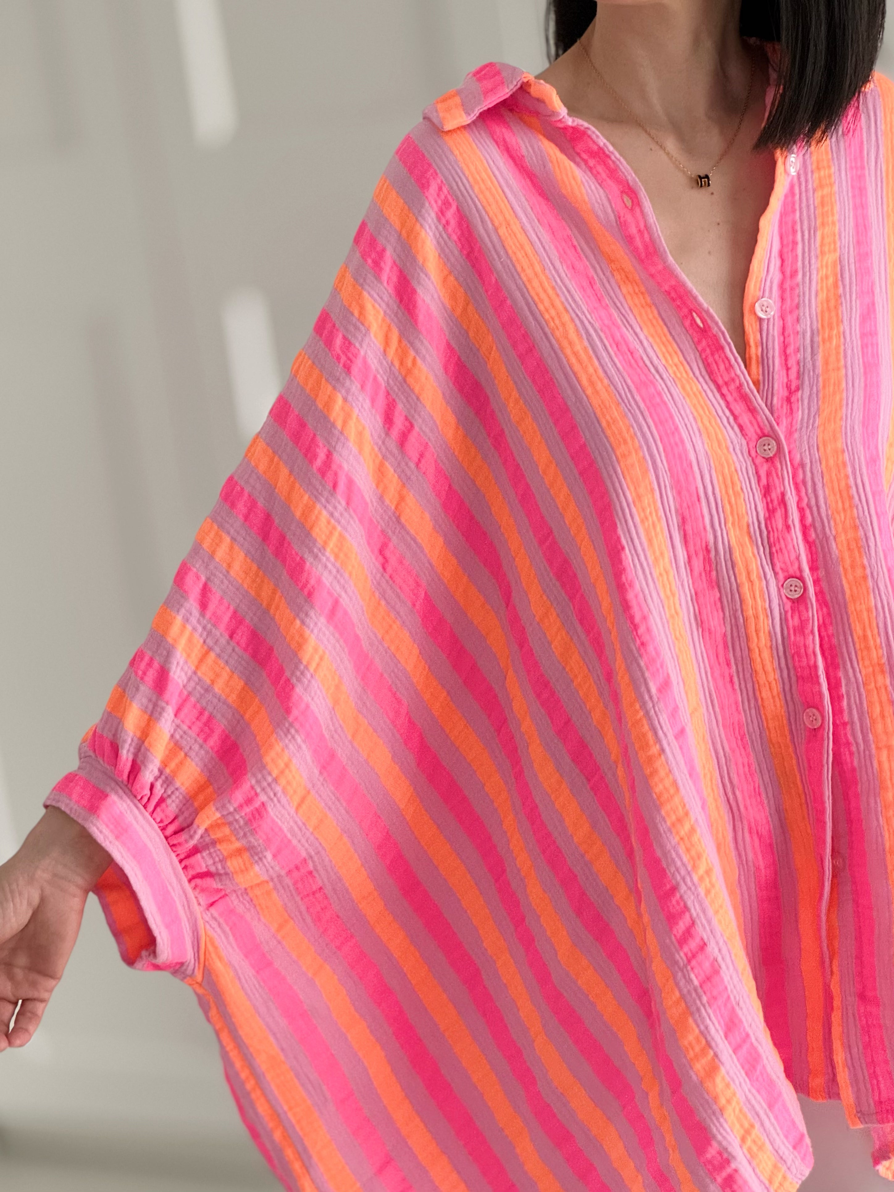 Musselin Bluse, Batwing, Oversize, breite Streifen, Neon – sismeer