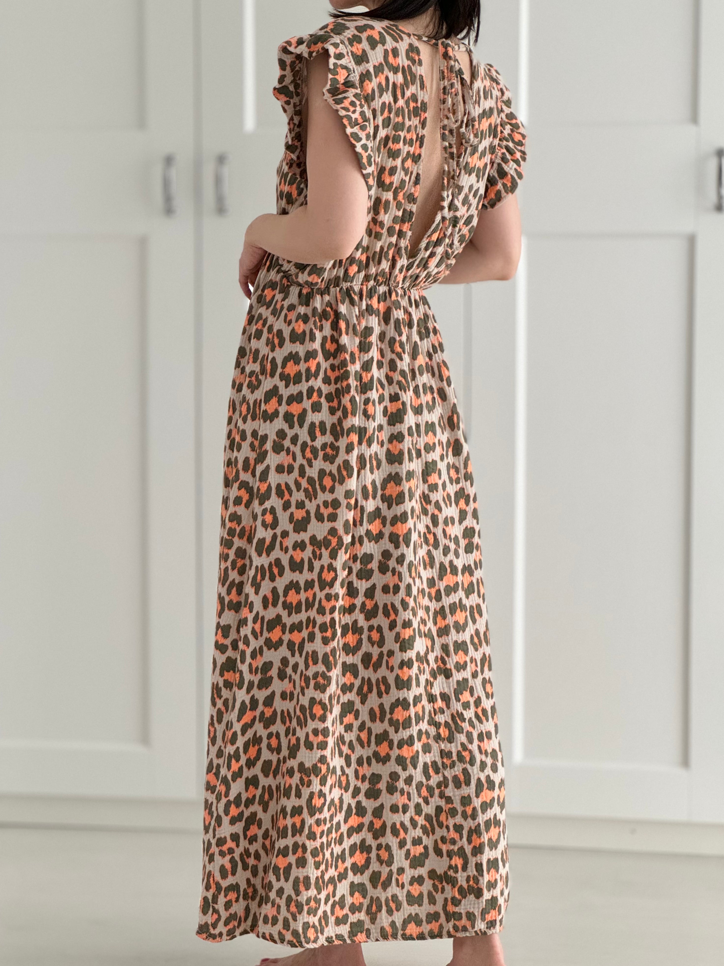 Musselin Kleid, Rückenausschnitt, ärmellos, Neon-Leo, Khaki – sismeer